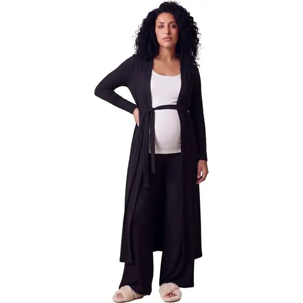 24SEVEN COMFORT APPAREL Maternity Ribbed Knit Tie Waist Jacket And Wide Leg Pant Set - Mint