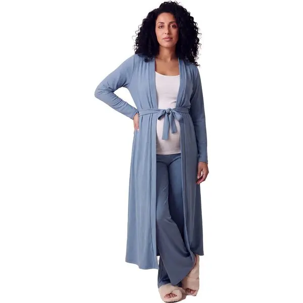 24SEVEN COMFORT APPAREL Maternity Ribbed Knit Tie Waist Jacket And Wide Leg Pant Set - Blue