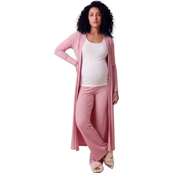24SEVEN COMFORT APPAREL Maternity Ribbed Knit Tie Waist Jacket And Wide Leg Pant Set - Blush