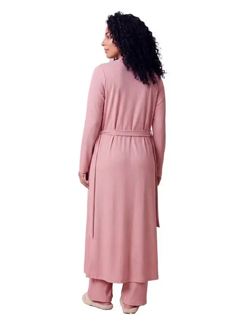 24SEVEN COMFORT APPAREL Maternity Ribbed Knit Tie Waist Jacket And Wide Leg Pant Set - Blush