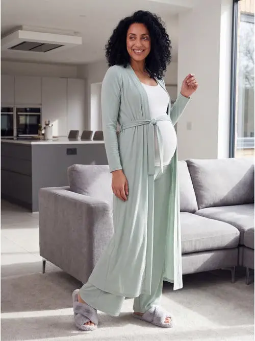 24SEVEN COMFORT APPAREL Maternity Ribbed Knit Tie Waist Jacket And Wide Leg Pant Set - Blush