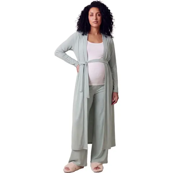 24SEVEN COMFORT APPAREL Maternity Ribbed Knit Tie Waist Jacket And Wide Leg Pant Set - Mint
