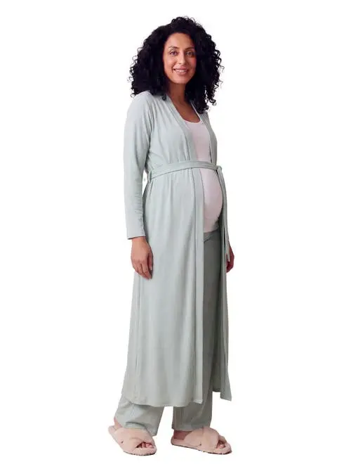 24SEVEN COMFORT APPAREL Maternity Ribbed Knit Tie Waist Jacket And Wide Leg Pant Set - Mint