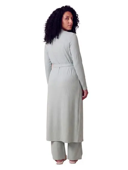 24SEVEN COMFORT APPAREL Maternity Ribbed Knit Tie Waist Jacket And Wide Leg Pant Set - Mint
