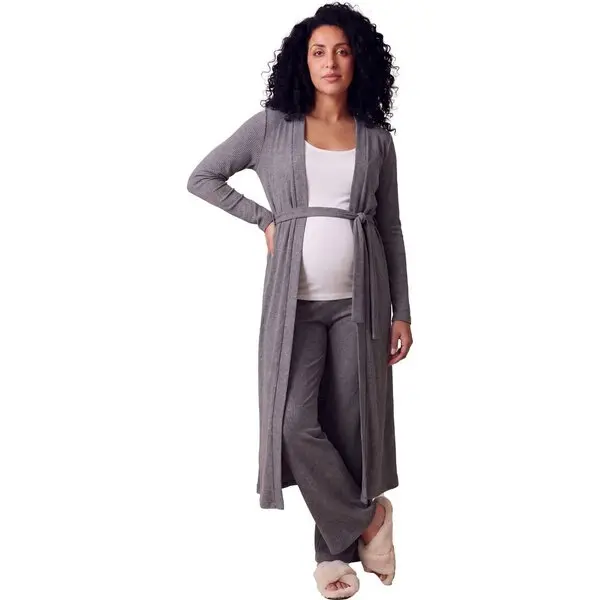 24SEVEN COMFORT APPAREL Maternity Ribbed Knit Tie Waist Jacket And Wide Leg Pant Set - Smoke