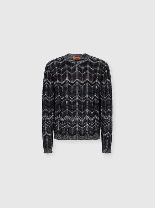 Missoni Crew Neck Cotton Chevron Pullover With Ribbed Trims