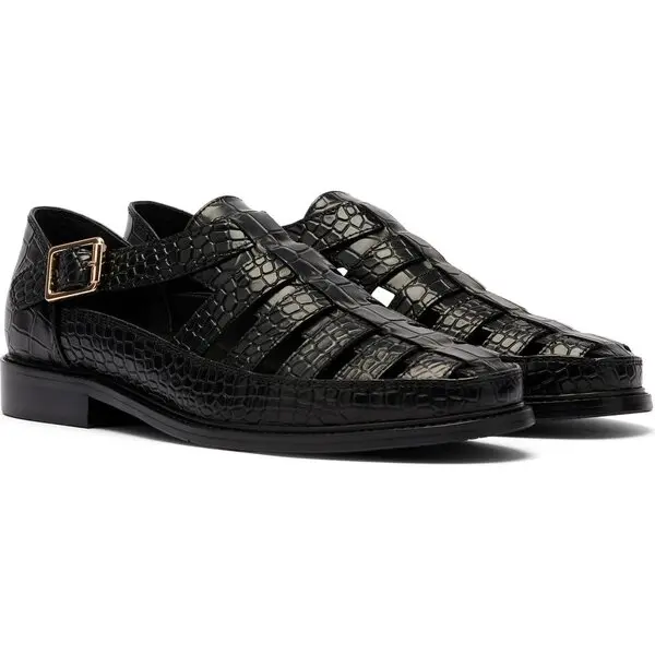 MARC NOLAN Mariner Croc Embossed Leather Fisherman Sandals - Black Croc
