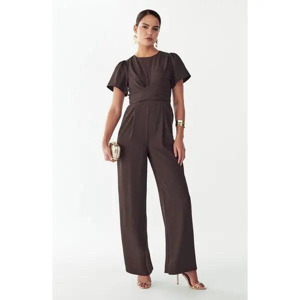 ST MRLO Mahra Jumpsuit Wide Leg, Crew Neck, Short Sleeve - Chocolate