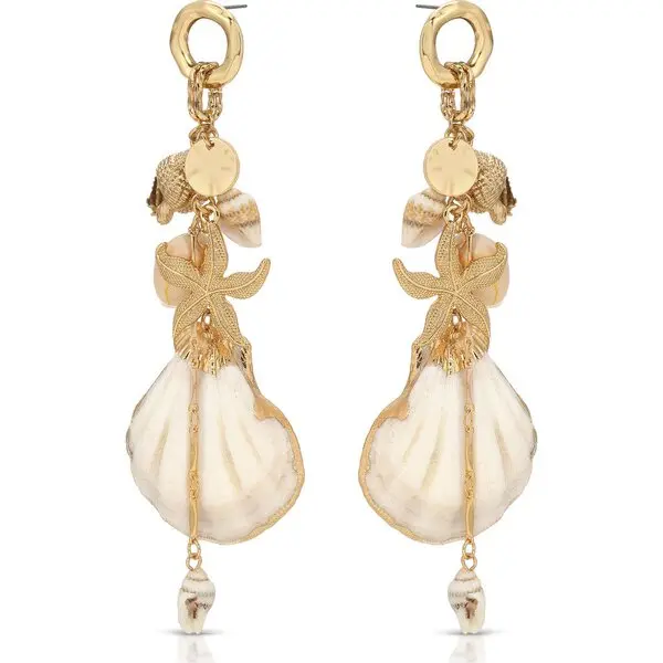 Ettika Sculptural Shell Drop Earrings With Hammered Hoops - Gold