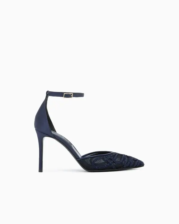 Giorgio Armani Embellished Mesh Satin Pumps With Ankle Strap