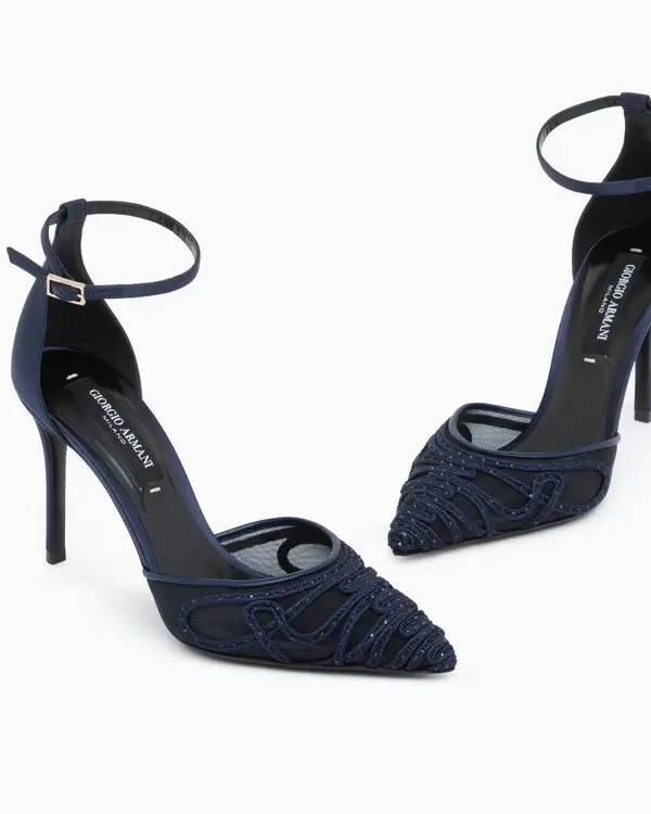 Giorgio Armani Embellished Mesh Satin Pumps With Ankle Strap