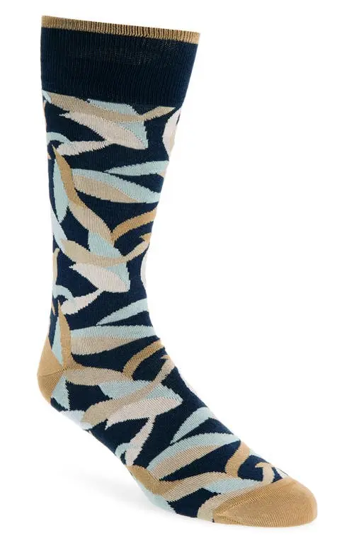 Bugatchi Mercerized Cotton Blend Leaf Print Dress Socks - Navy