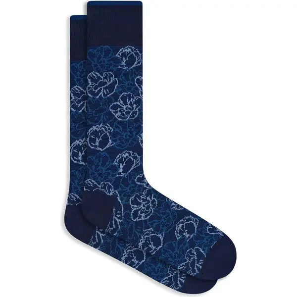 Bugatchi Floral Mercerized Cotton Blend Dress Socks - Navy