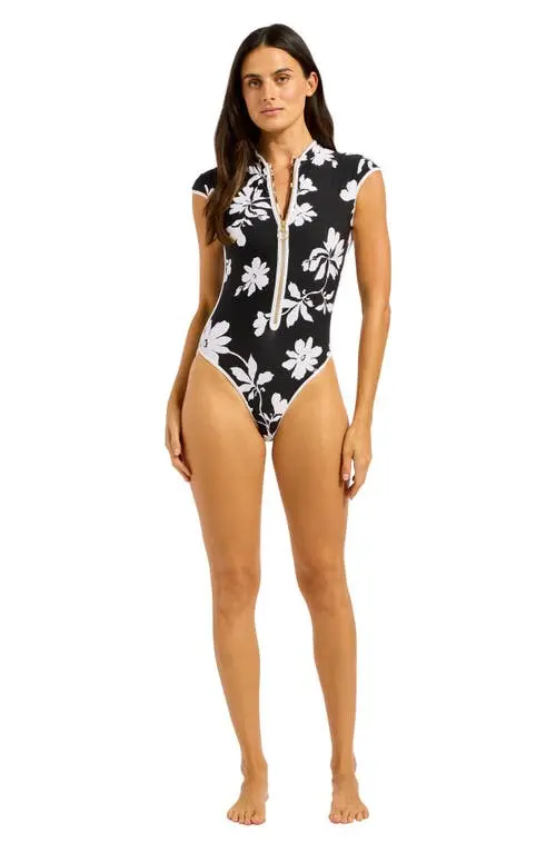 Seafolly Cap Sleeve Zip Front One-piece Swimsuit