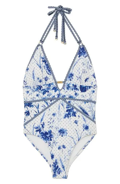 REISS Lucia Halterneck One-piece Swimsuit - Blue/ivory