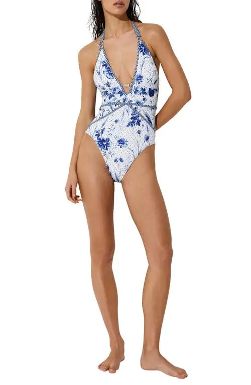 REISS Lucia Halterneck One-piece Swimsuit - Blue/ivory