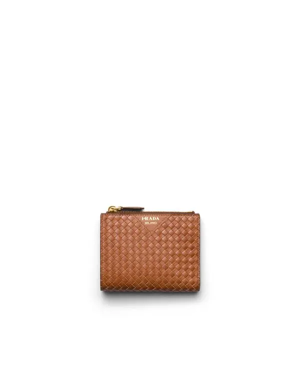 Prada Small Woven Madras Leather Wallet - Cognac