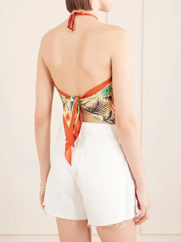 Etro Triangle Floral-print Silk-twill Halter Neck Top - Orange