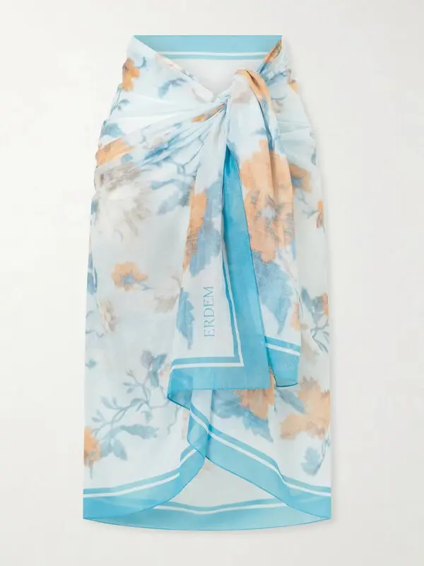 Erdem Floral-print Cotton-voile Pareo - Blue