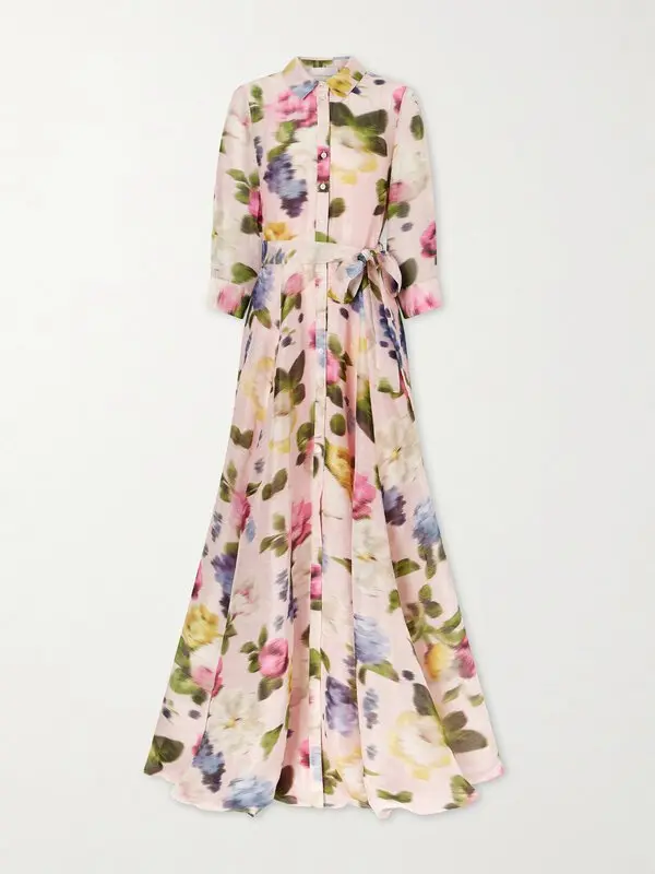 Carolina Herrera Floral Print Linen And Silk-blend Gown - Pink