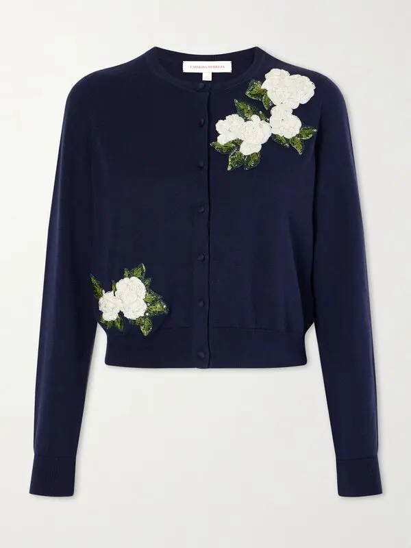 Carolina Herrera Floral Embellished Silk And Cotton-blend Cardigan - Blue