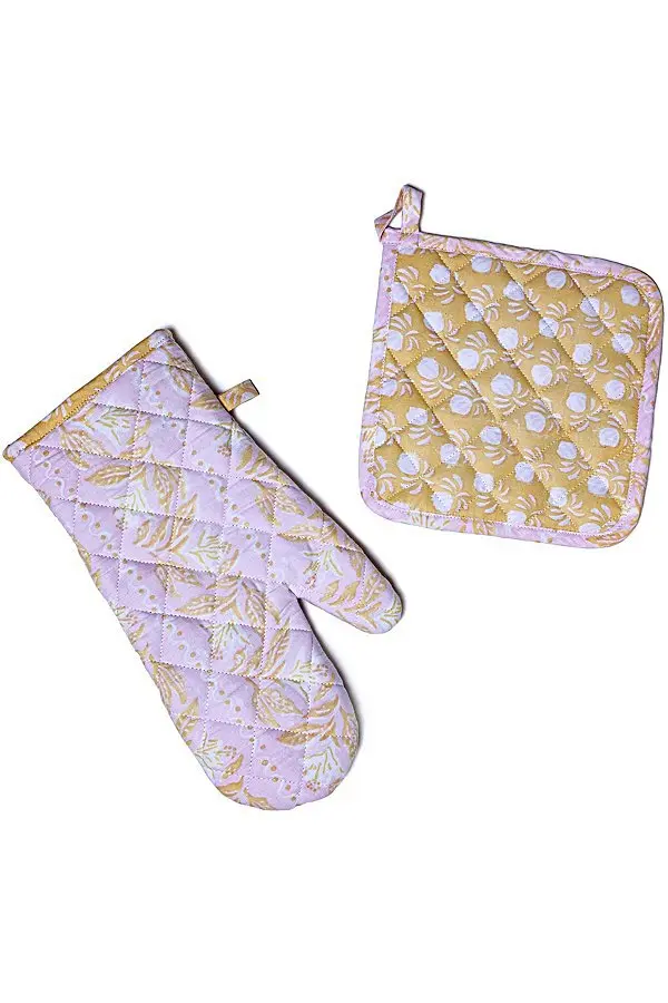 SUPRA ENDURA Hand Block Printed Oven Mitt And Pot Holder Set - Azalea Berry Print