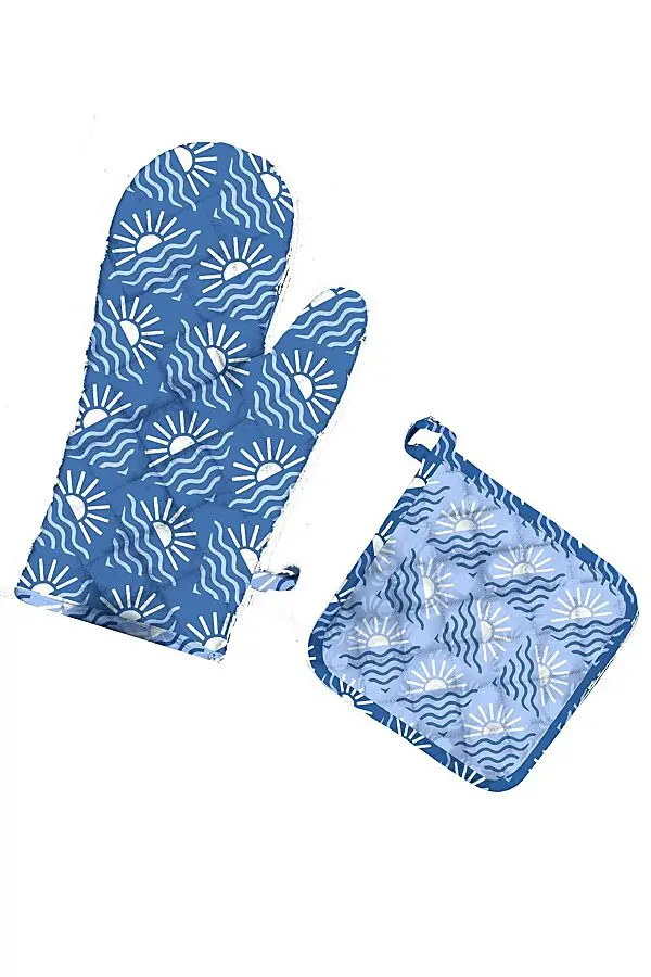 SUPRA ENDURA Hand Block Printed Oven Mitt And Pot Holder Set - Blue Sunset