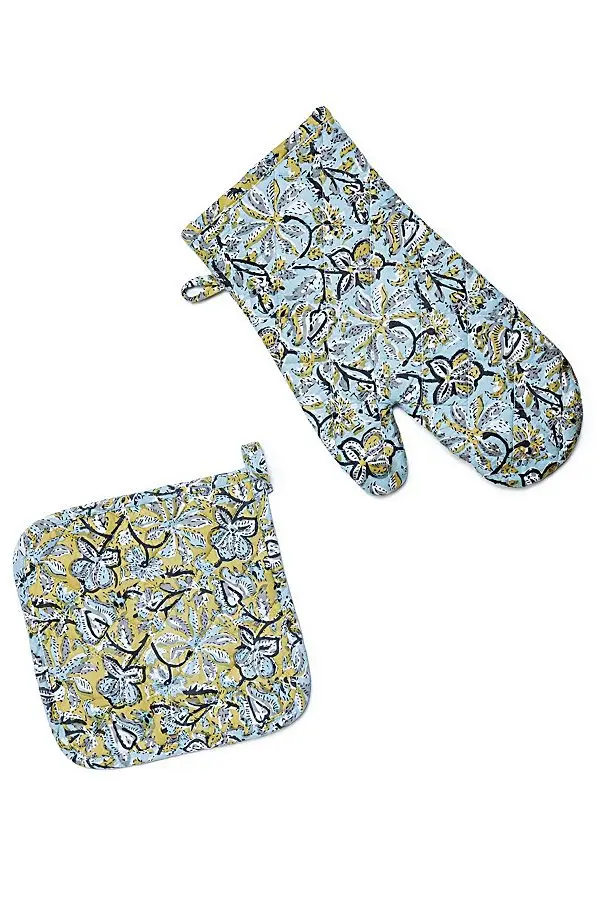 SUPRA ENDURA Hand Block Printed Oven Mitt And Pot Holder Set - Garden Print
