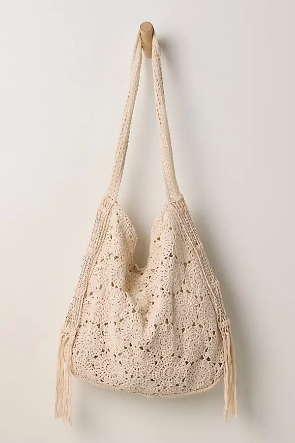 Free People Crochet Tote With Fringe And Tassel Accents - Cream