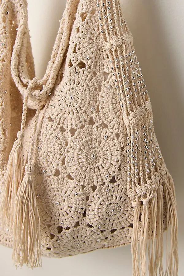 Free People Crochet Tote With Fringe And Tassel Accents - Cream
