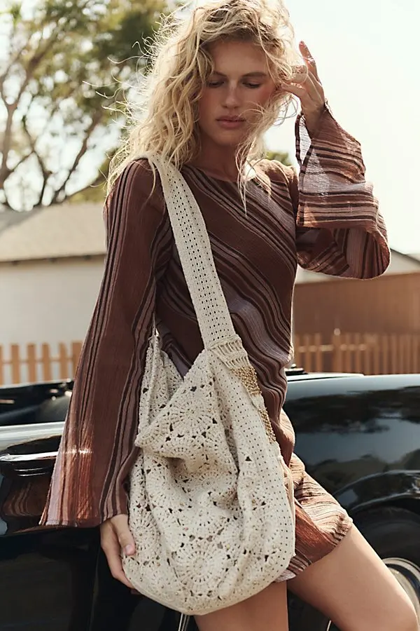 Free People Crochet Tote With Fringe And Tassel Accents - Cream