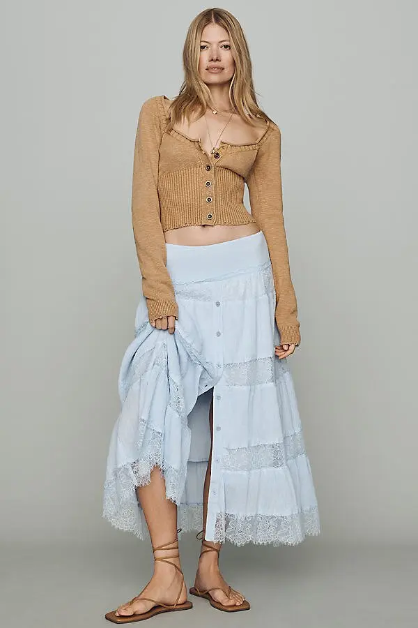 Anthropologie Tiered Lace Midi Skirt - Ice Blue
