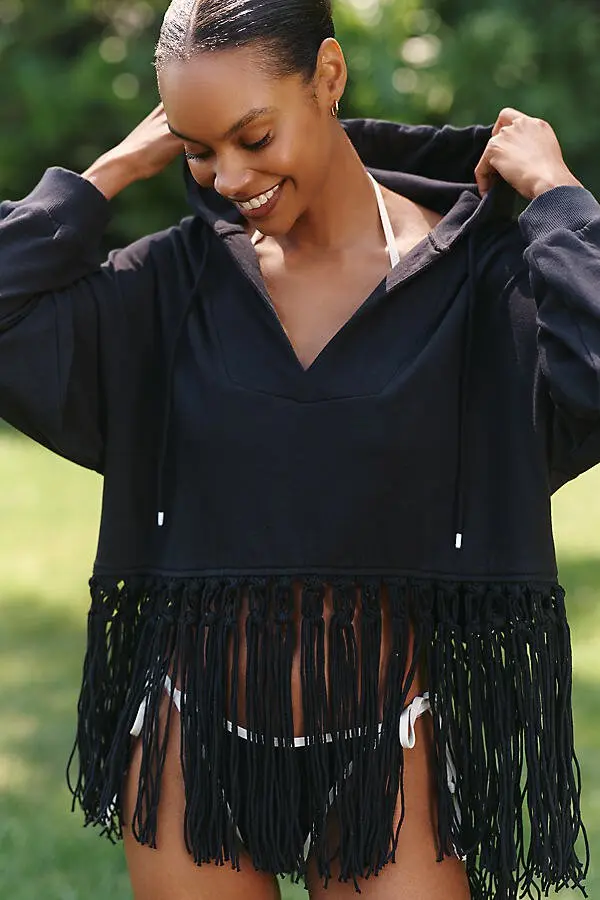 CELANDINE Macrame Fringe Sweatshirt - Black