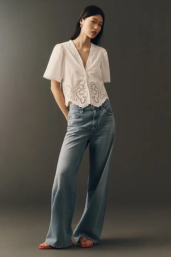 RAISONNEL Scalloped Puff-sleeve Cotton Blouse