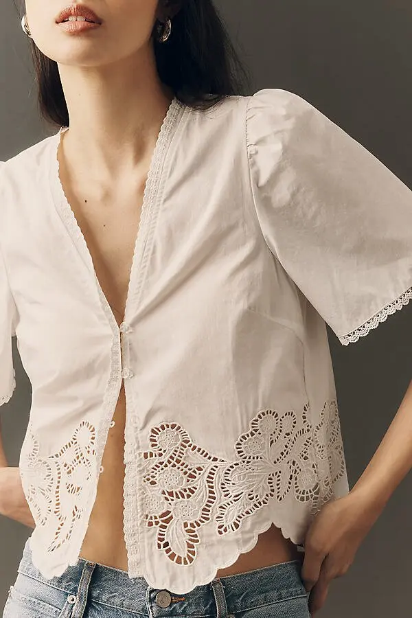 RAISONNEL Scalloped Puff-sleeve Cotton Blouse