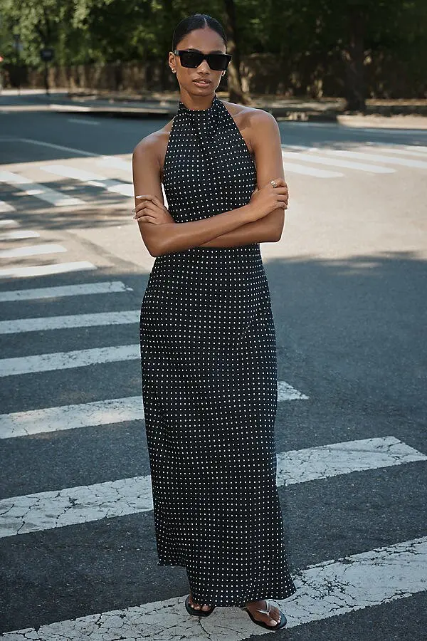 Maeve Jamie Satin Halter Maxi Dress - Black & White Dot