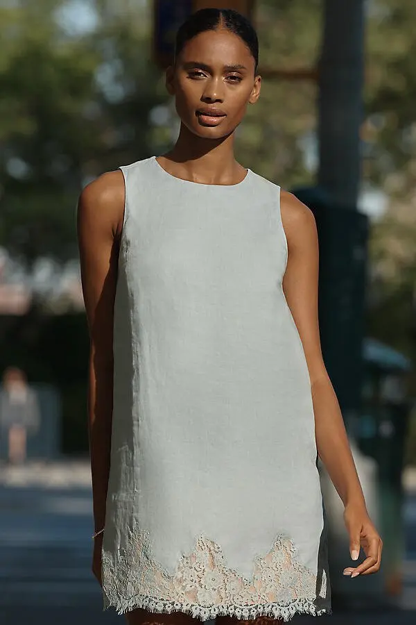 REFORMATION Linen Shift Dress With Lace Trim - Aquamarine