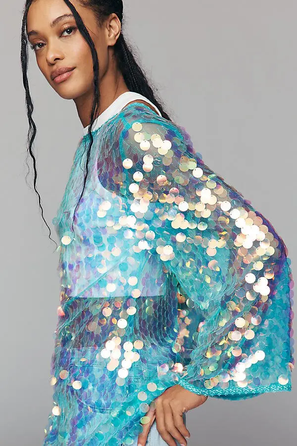 CELANDINE Sequin Embellished Tunic Top - Light Blue