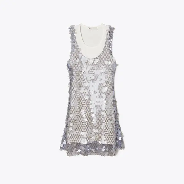 Tory Burch Sequin Mesh Racerback Dress - Snow White/washed Sky