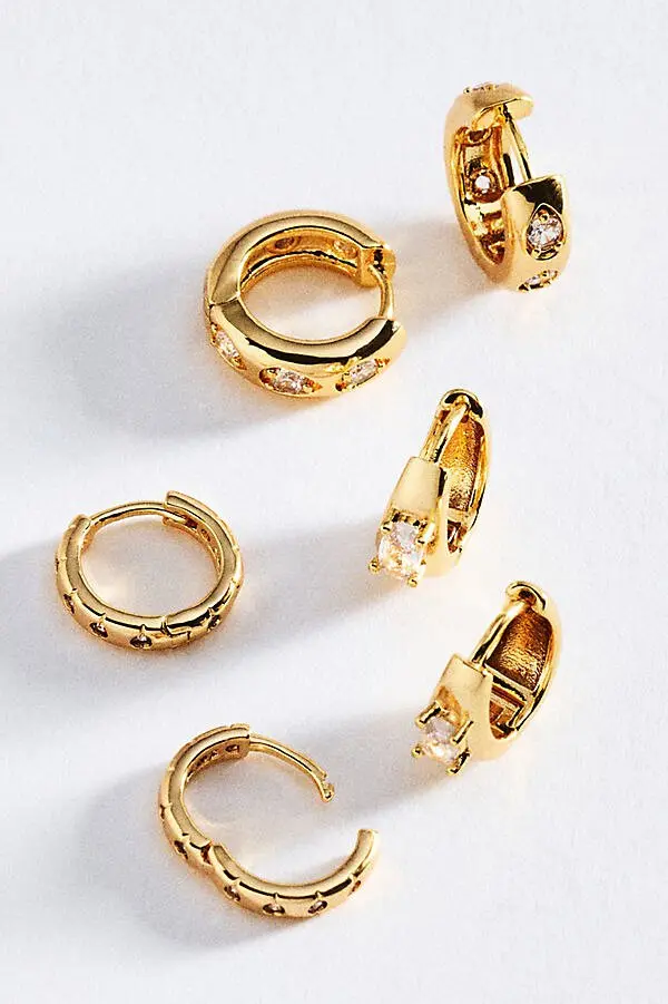 Anthropologie Crystal Huggie Hoop Earrings Set - Gold