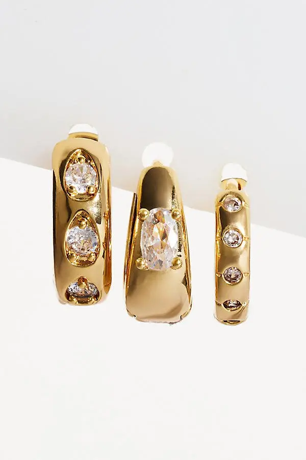 Anthropologie Crystal Huggie Hoop Earrings Set - Gold