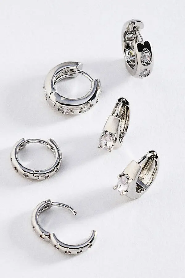 Anthropologie Crystal Huggie Hoop Earrings Set - Silver