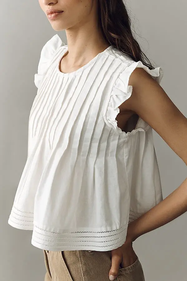 PILCRO Jade Cotton Linen Blouse With Pleated Detailing And Ruffle Sleeves