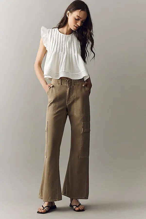 PILCRO Jade Cotton Linen Blouse With Pleated Detailing And Ruffle Sleeves