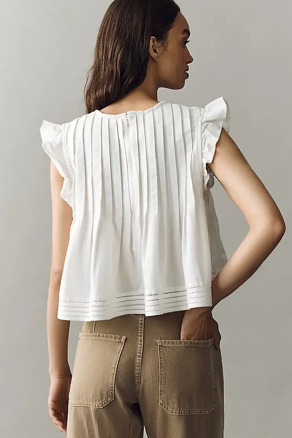 PILCRO Jade Cotton Linen Blouse With Pleated Detailing And Ruffle Sleeves