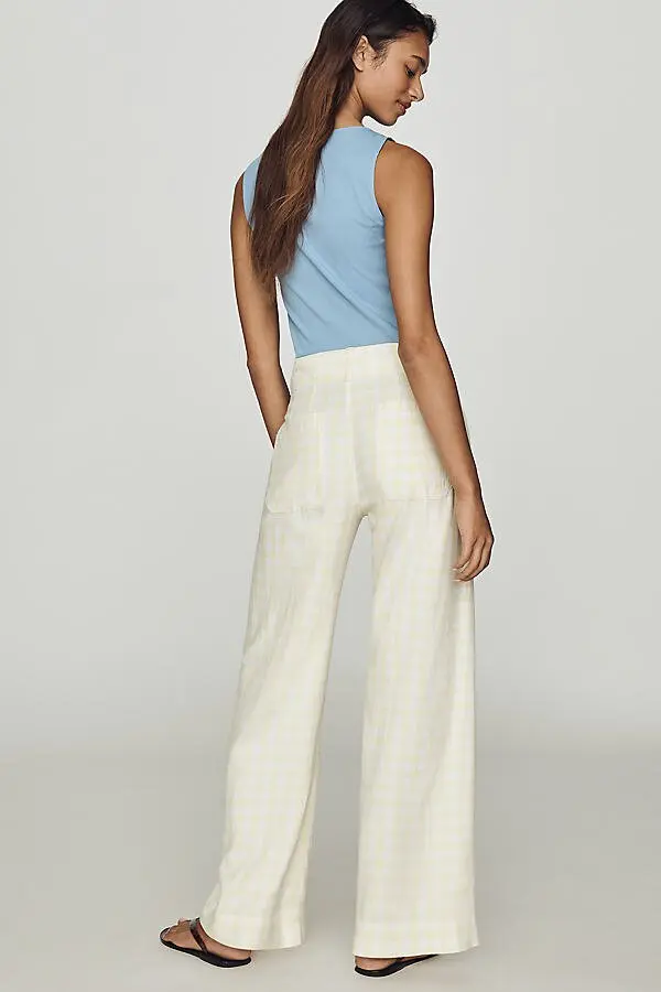 Maeve Colette European Linen Stretch High-rise Wide-leg Pants - Gingham / Lime Combo