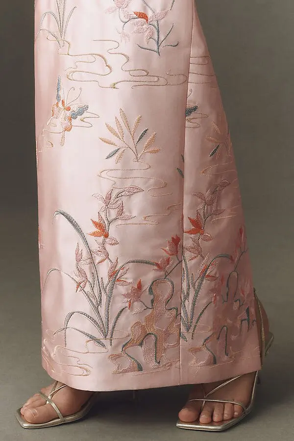 SAU LEE Isla Embroidered Satin Column Gown