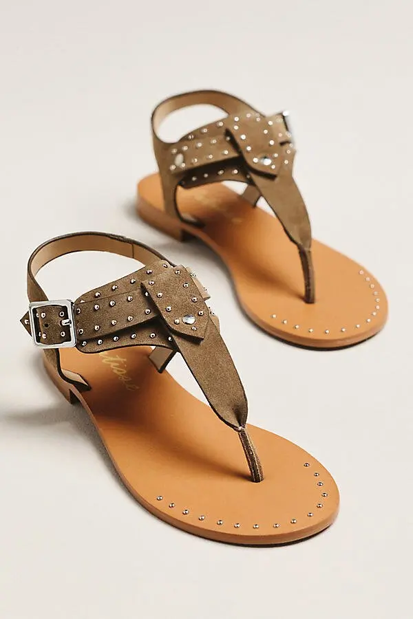 Matisse Mona T-strap Sandals With Buckle And Stud Embellishments - Natural