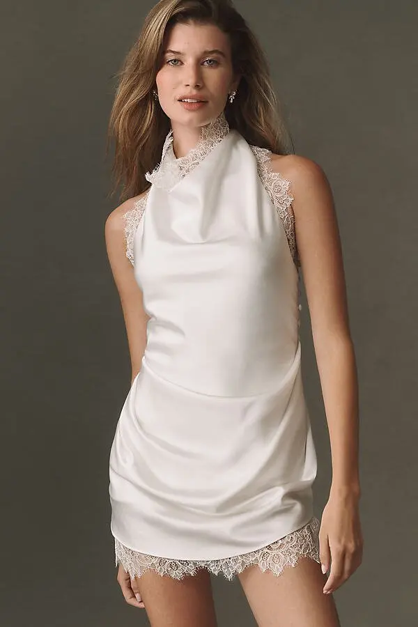 Watters Satin Mini Dress With Lace Trim
