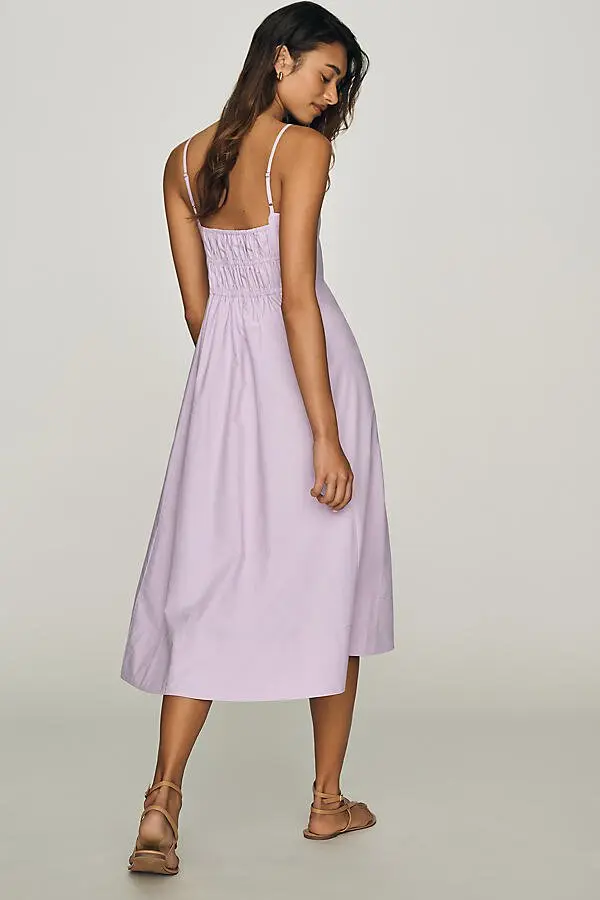 Cotton Ruched A-line Midi Dress - Purple